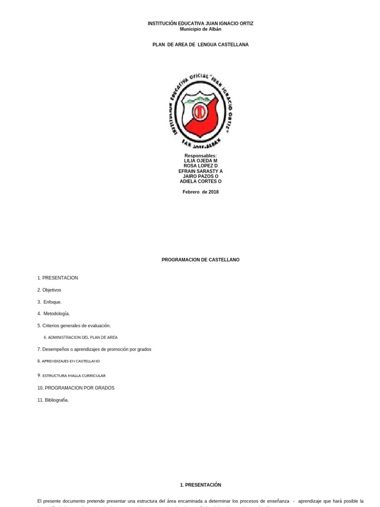 Plan De Area Castellano 2018 Pdf