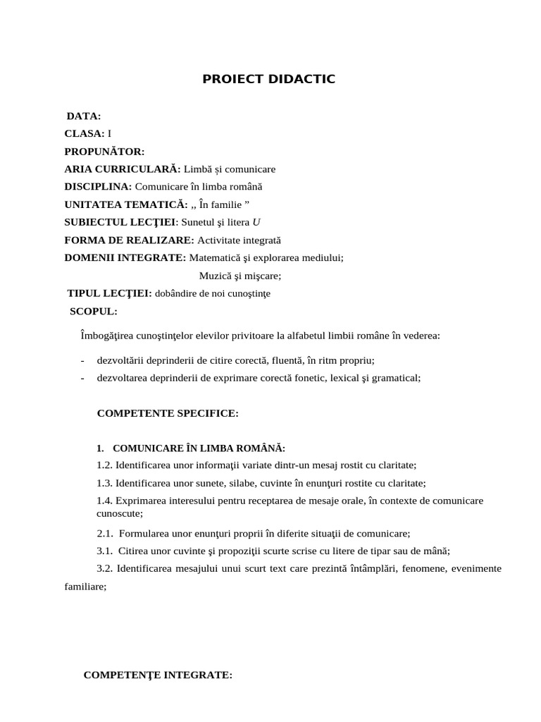 Proiect Didactic Clr. U Def | PDF