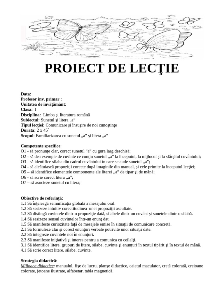 Proiect de Lectie Litera A | PDF