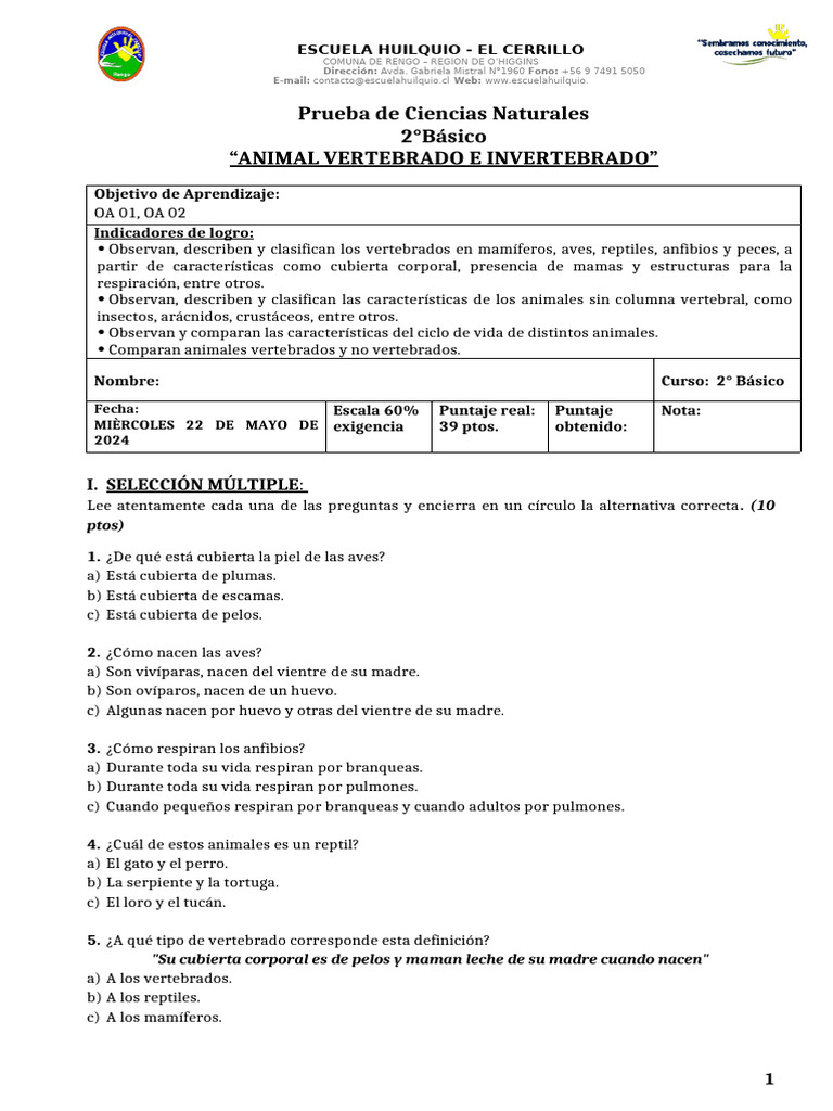 Prueba Ciencias Naturales 2º - Unidad 2 - Animales Vertebrados e ...