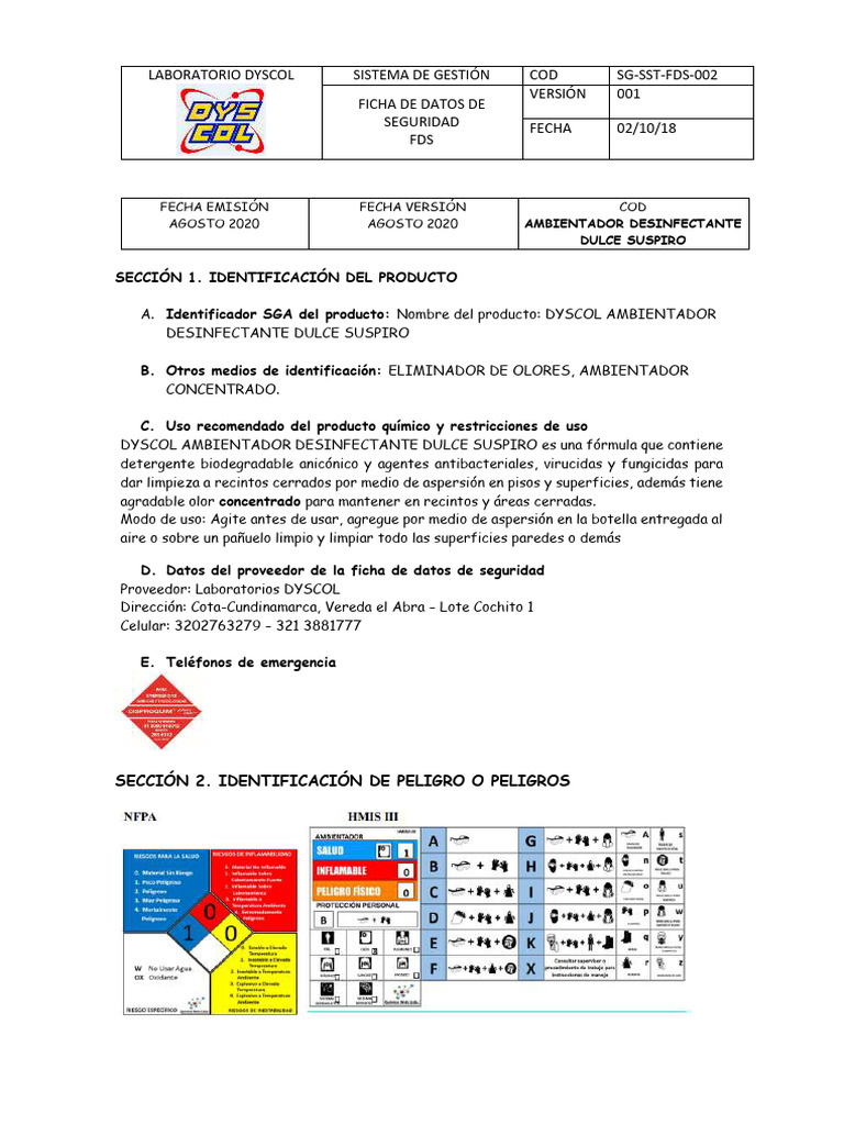 Ficha Tecn. Spray Ambien. Desinfec. - Dulce Suspiro | PDF