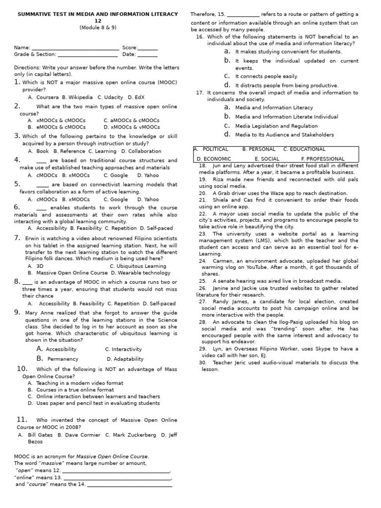 Media Literacy Test for Students | PDF | Educational Technology ...