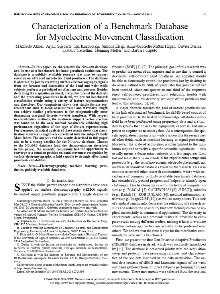 Characterization Of A Benchmark Database For Myoelectric Movement Classification Pdf