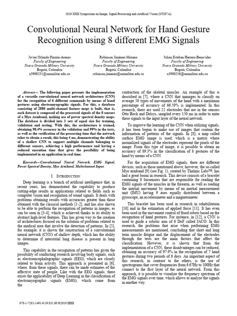 Convolutional Neural Network For Hand Gesture Recognition Using 8 Different Emg Signals Pdf