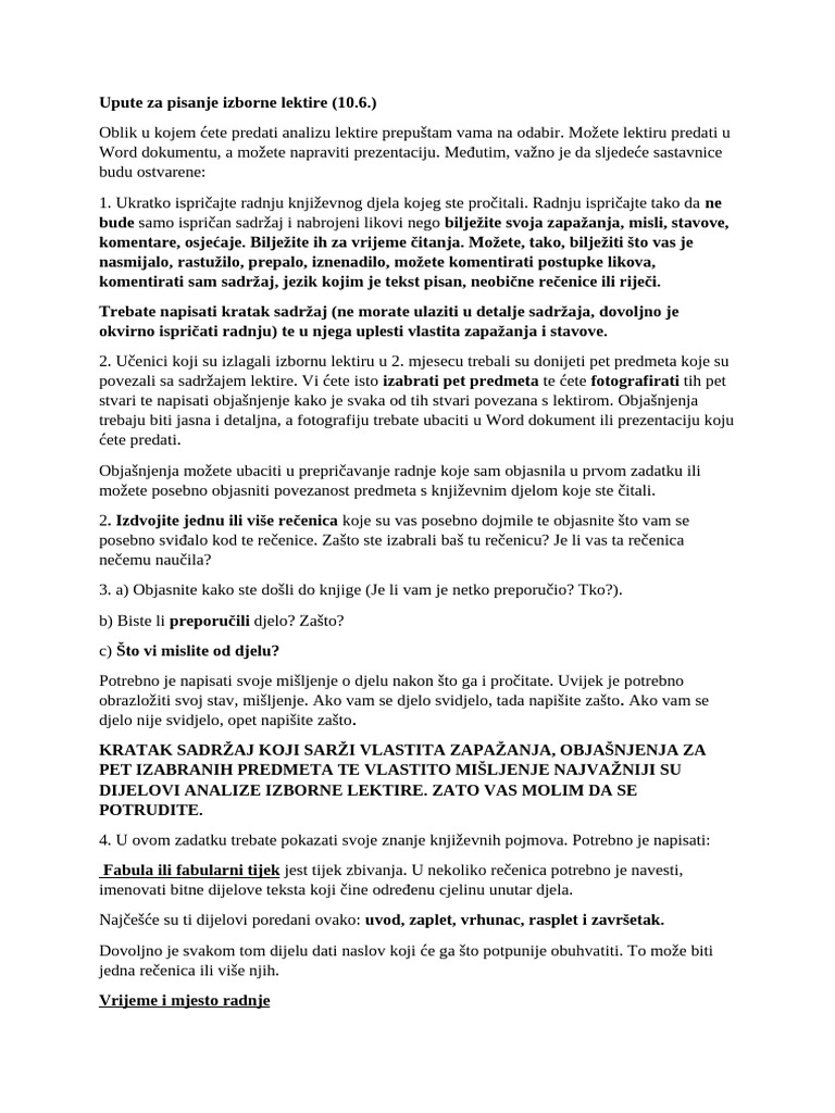 Upute Za Pisanje Izborne Lektire 2 | PDF