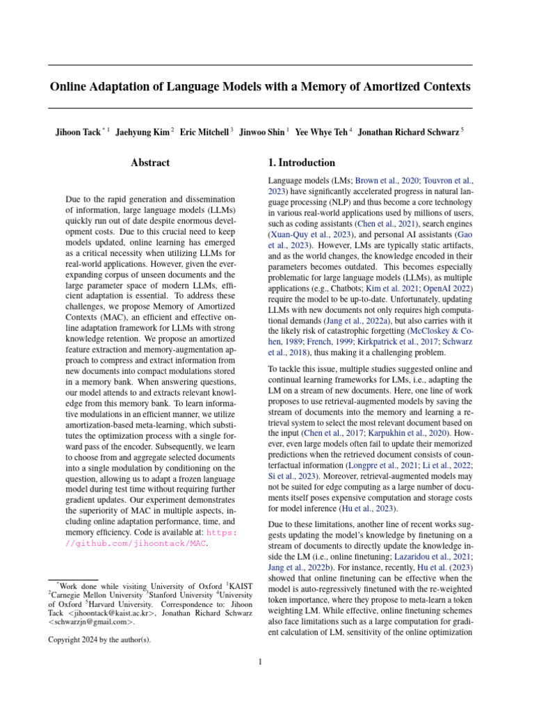 Online Adaptation of Language Models With A Memory of Amortized Contexts | PDF | Applied ...