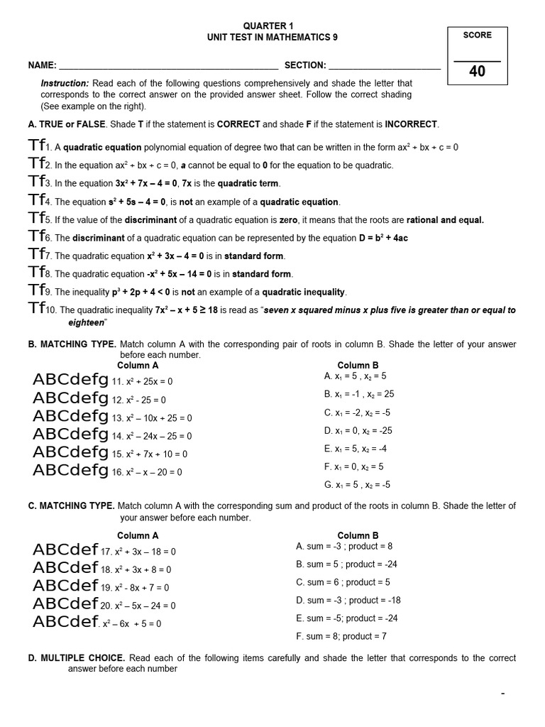 Unit Test in Mathematics 9 Quarter 1 2022 2023 | PDF