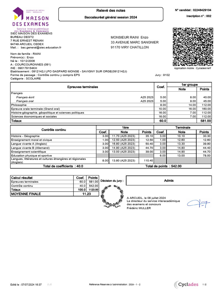 Releve de Notes 224842910400002 | PDF
