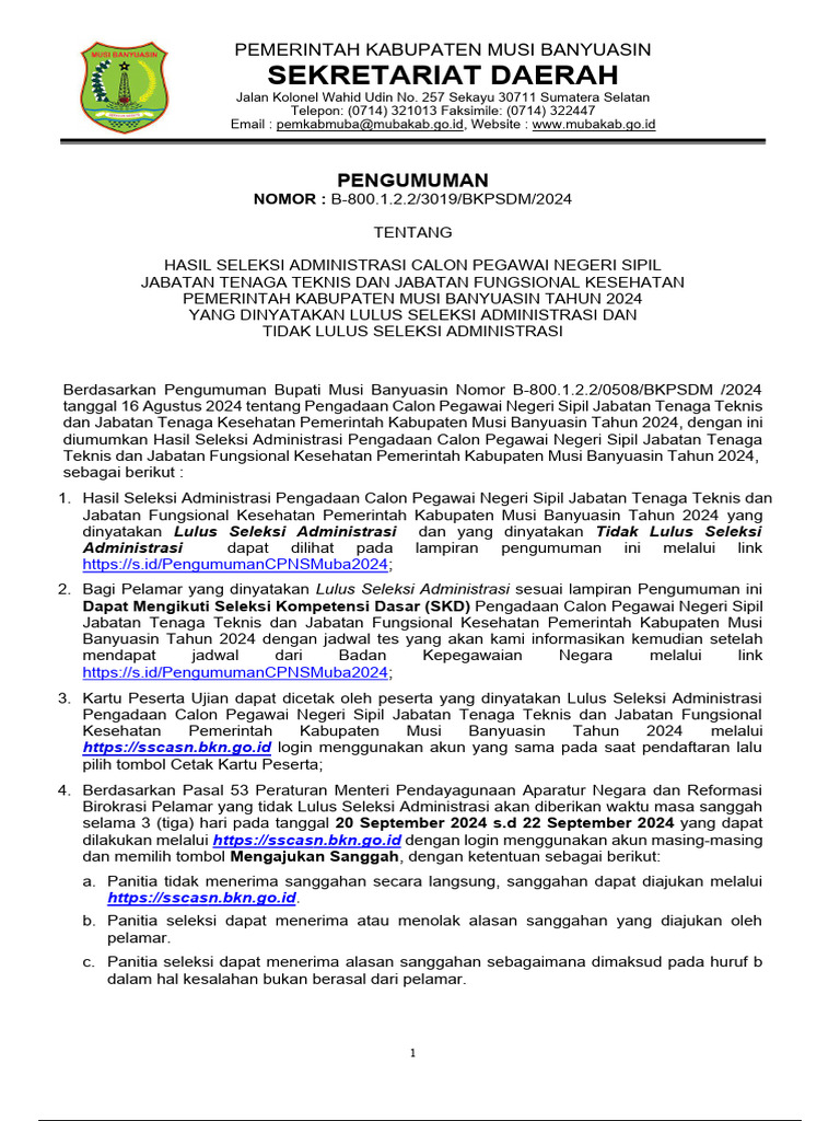 Pengumuman Seleksi Administrasi Pengadaan CPNS Formasi Tahun 2024 | PDF