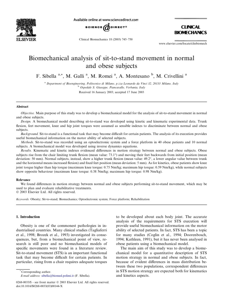 Biomechanical Analysis of Sit To Stand Movement in Normal and Obese ...