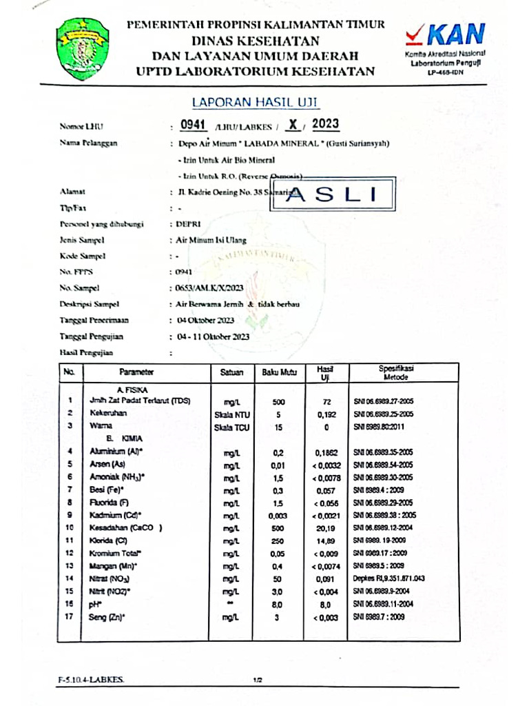 Uji Lab Labadia Water | PDF