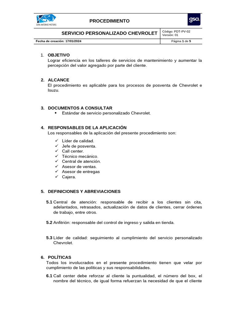 Procedimiento Servicio Personalizado Chevrolet | PDF