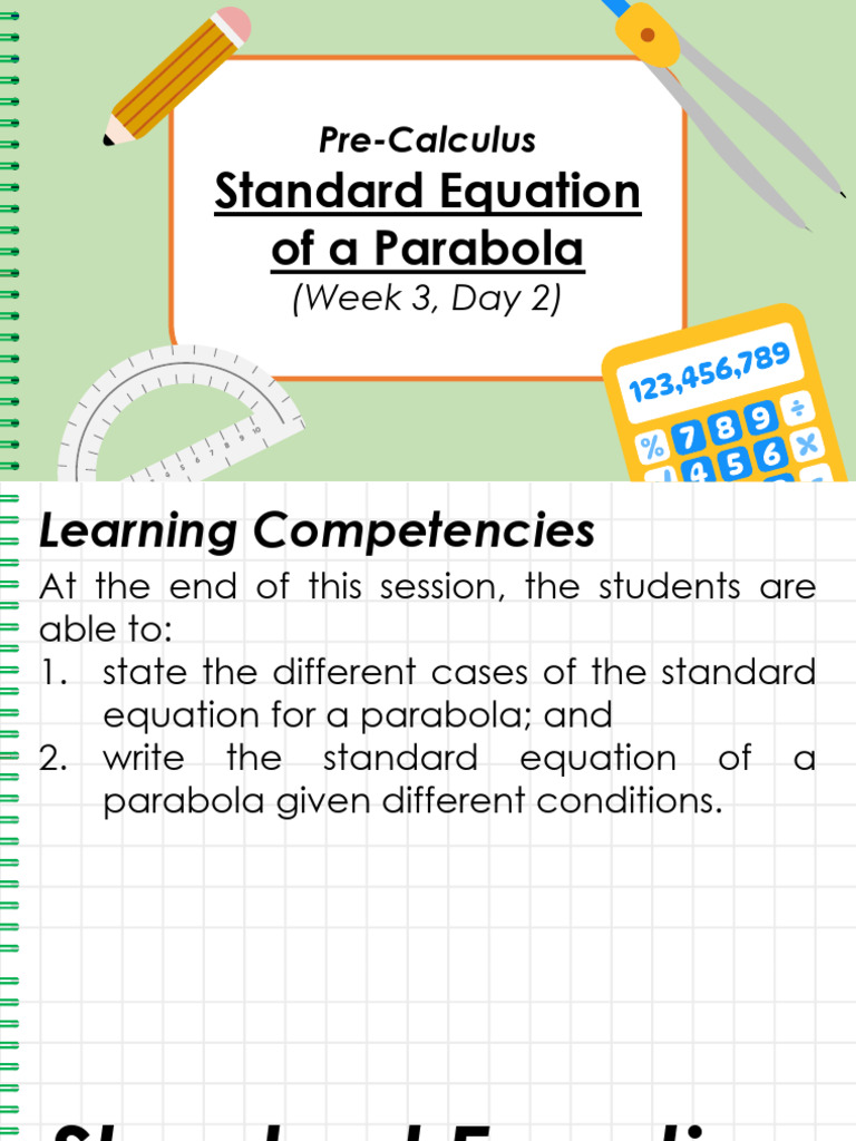 PC Quarter 1 Week 3 Day 2 Standard Equation of A Parabola | PDF