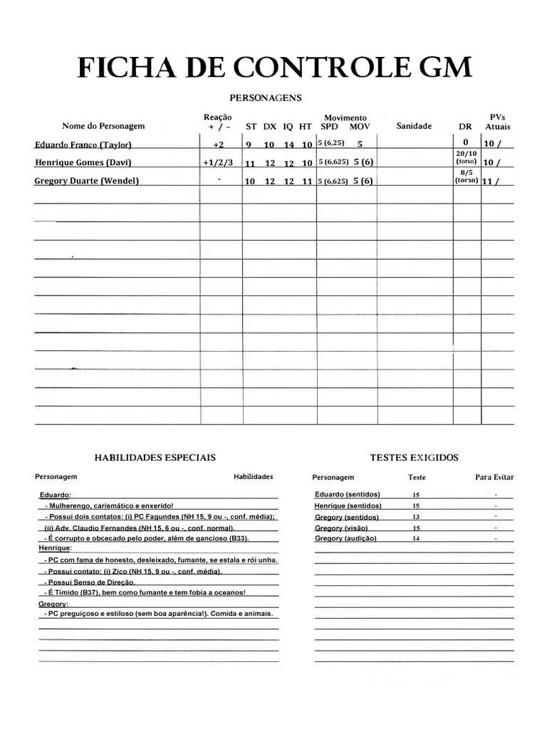 Ficha Controle GM (Gurps Cops) | PDF