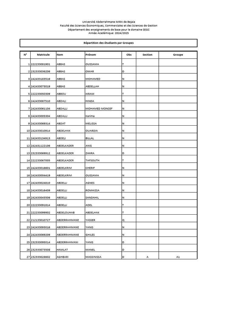 Liste Des Étudiants L1 SEGC Par Section Et Groupe 2024.2025 | PDF
