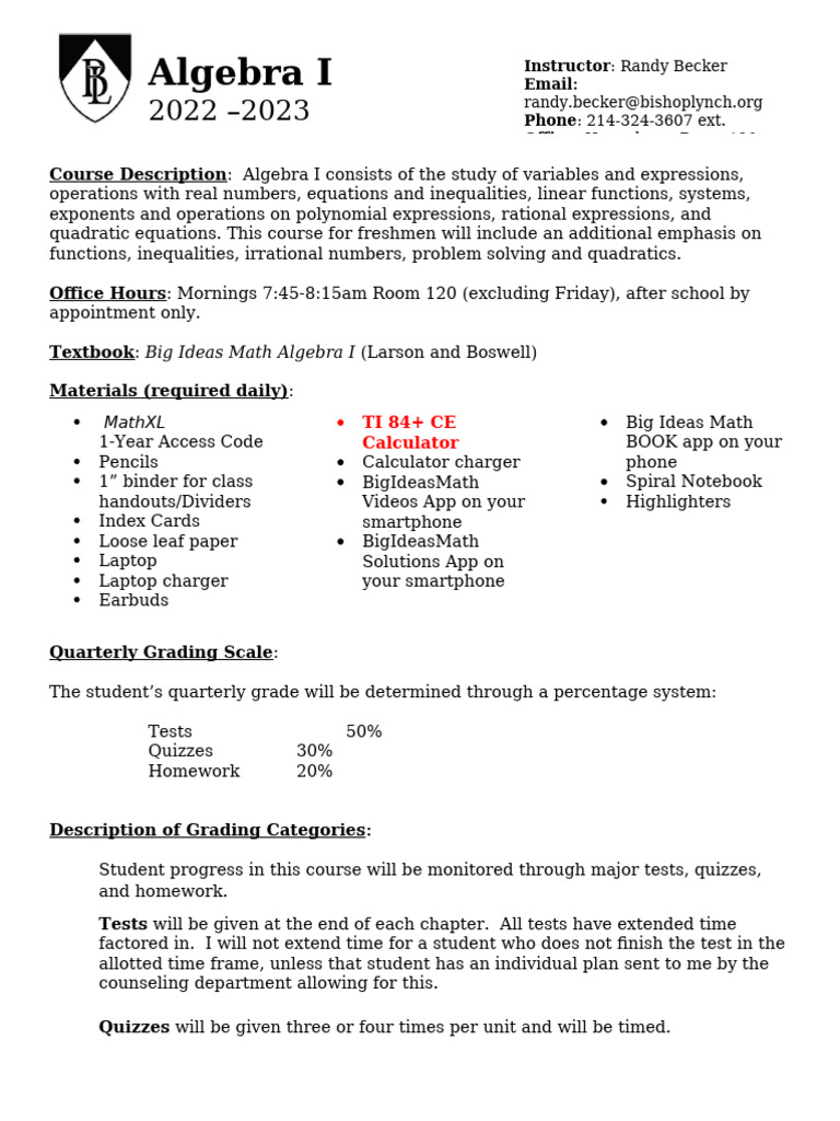 Algebra 1 Course Expectactions 2022-2023 | PDF