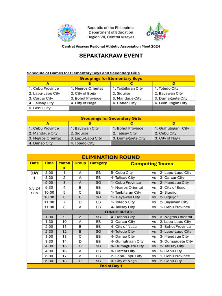 CVIRAA Schedule of Games Sepaktakraw Elem Boys Sec Girls | PDF