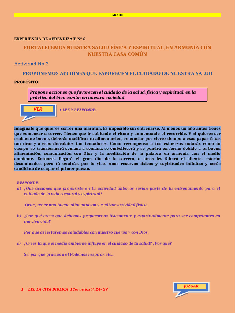 EXPERIENCIA DE APRENDIZAJE N°6, Actividad N° 1, GRADO 2° | PDF