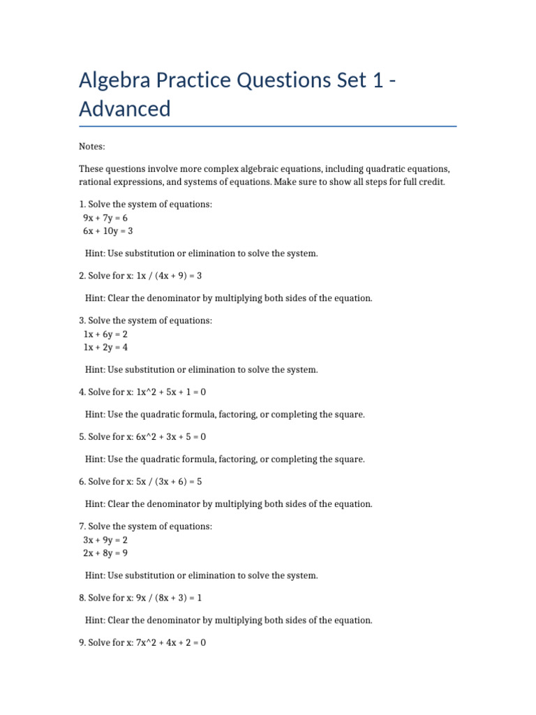 Advanced Algebra Practice Set 1 | PDF