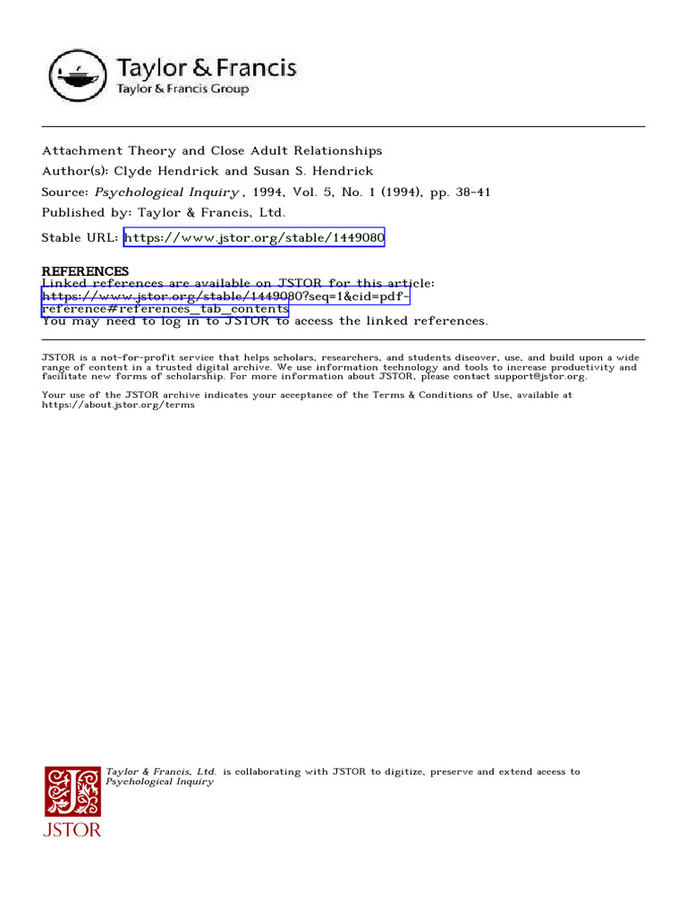 Hendrick'S Attachment Theory 1994 | PDF