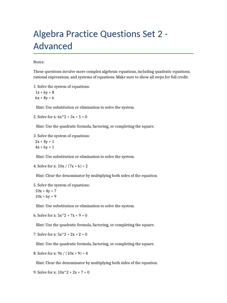 Advanced Algebra Practice Set 2 | PDF