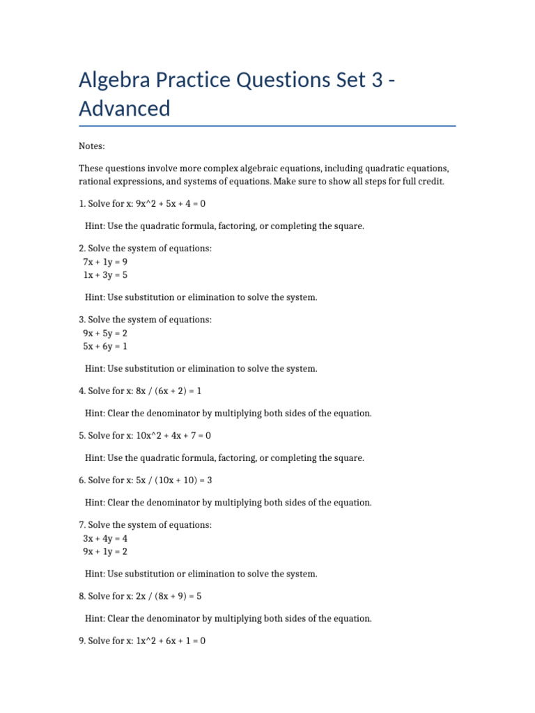 Advanced Algebra Practice Questions | PDF