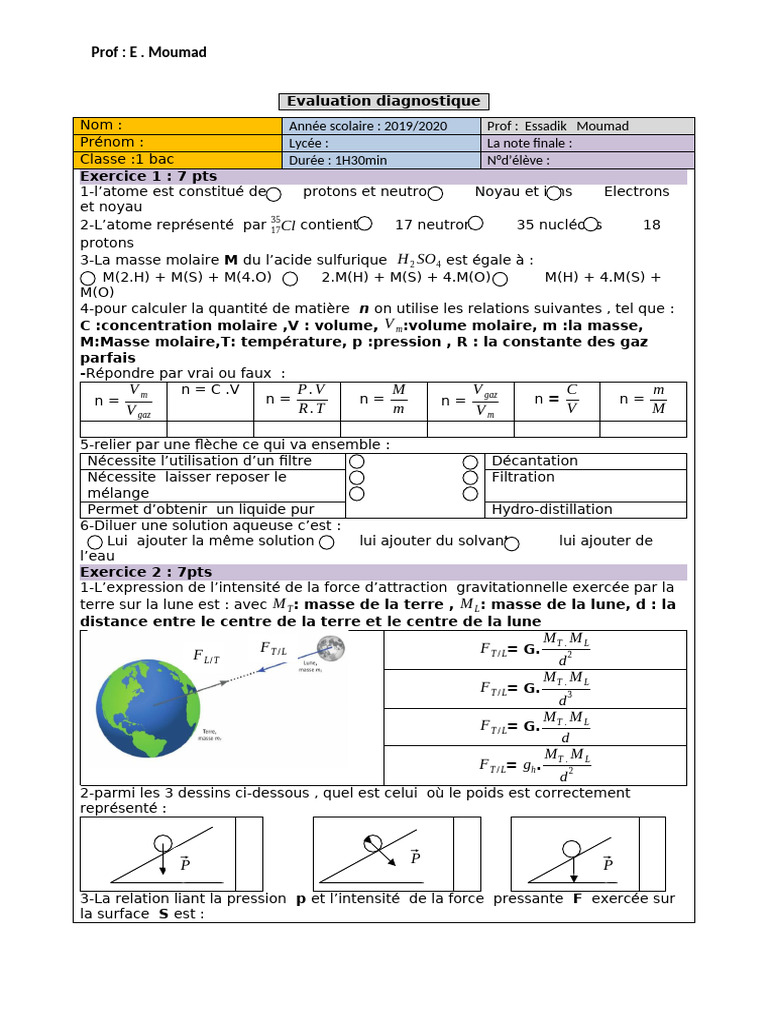 Evaluation Diagnostique Physique Chimie Premiere Bac Sciences Word 7 | PDF