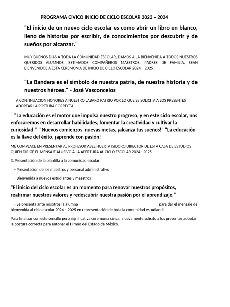Programa Civico Inicio de Ciclo Escolar 2023 | PDF | Salud y bienestar