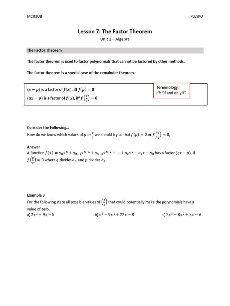 L7 - The Factor Theorem | PDF