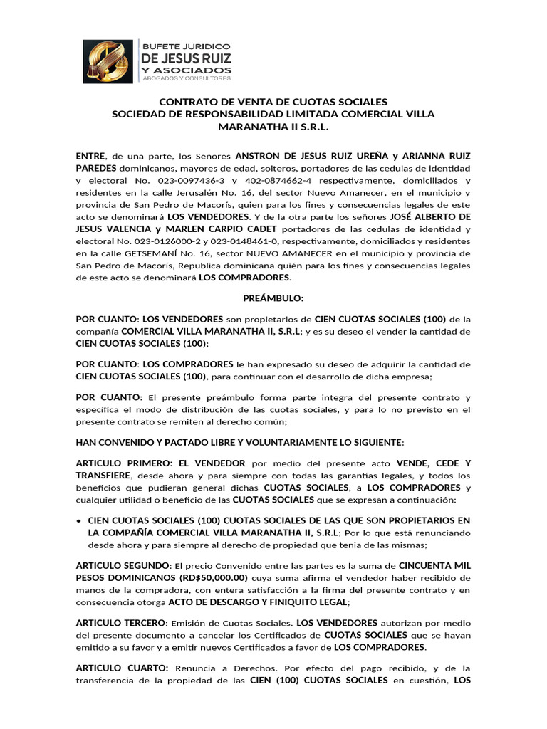 Contrato de Venta de Cuotas Sociales | PDF