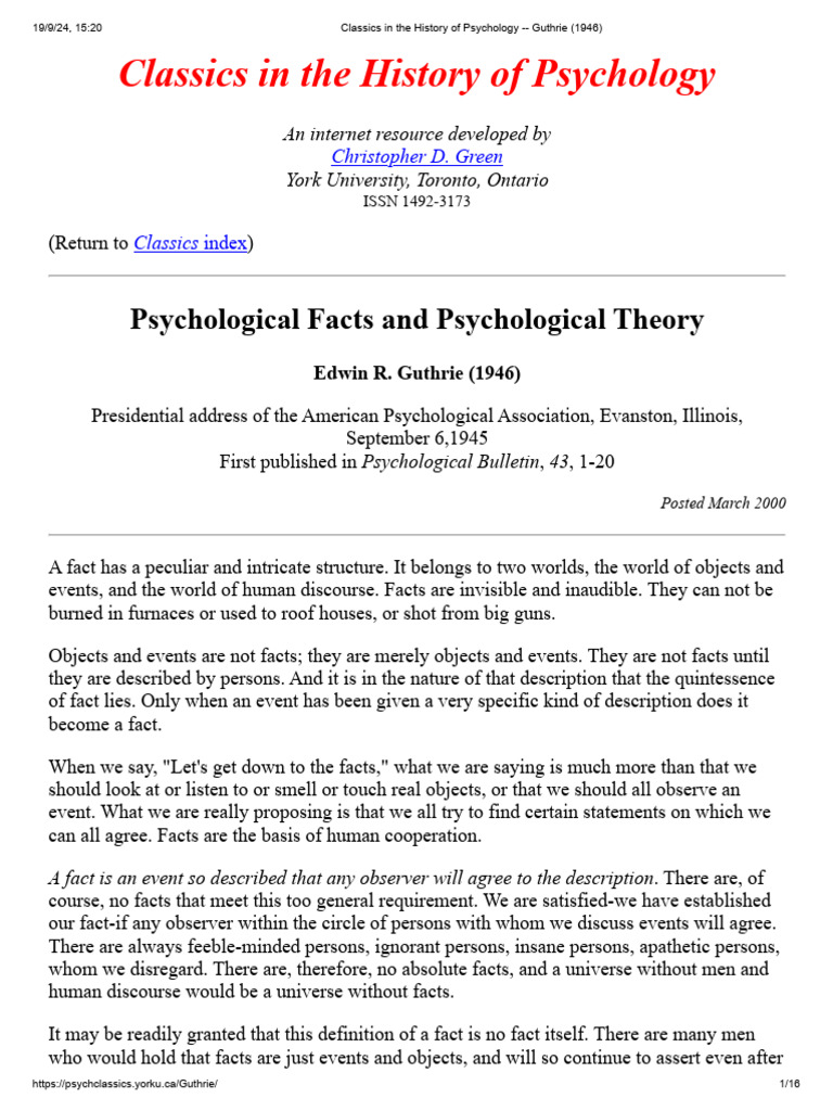 Classics in the History of Psychology -- Guthrie (1946) | PDF