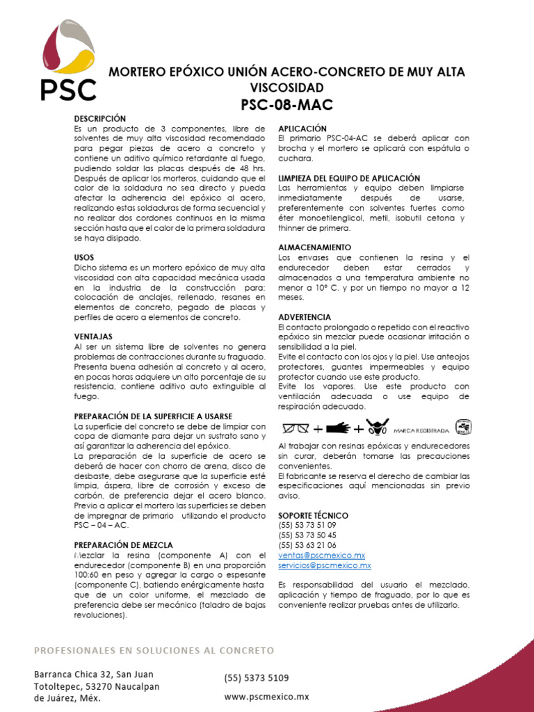 PSC 08 Mac - Mortero Epoxico Union Acero Concreto de Muy Alta Viscosidad 2 | PDF
