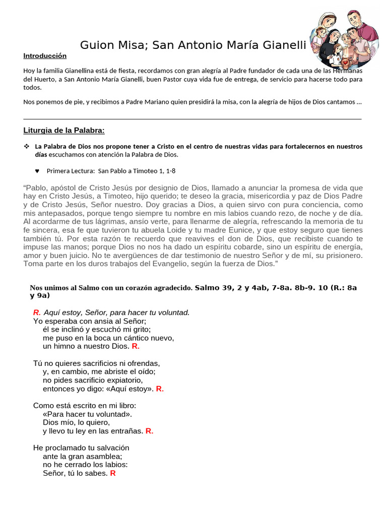 Guion Misa San Antonio María Gianelli | PDF