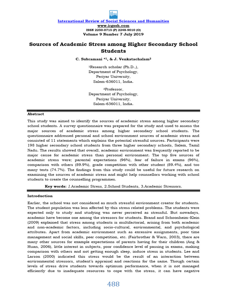 Sources of Academic Stress Among Higher | PDF