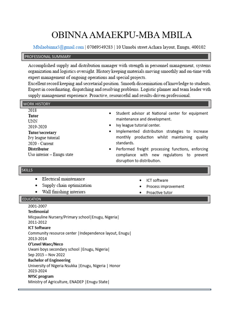 OBINNA MBILA CV Tutor1 | PDF