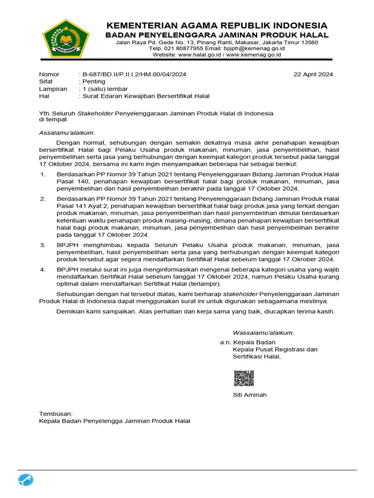 Surat Edaran Kewajiban Sertifikat Halal_240516_165406 | PDF