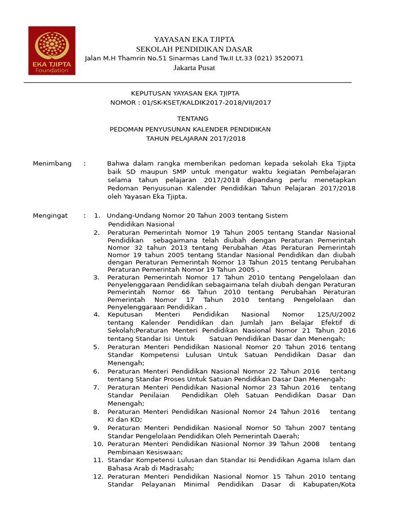 Kaldik Sekolah Eka Tjipta Rev 140518ssss | PDF