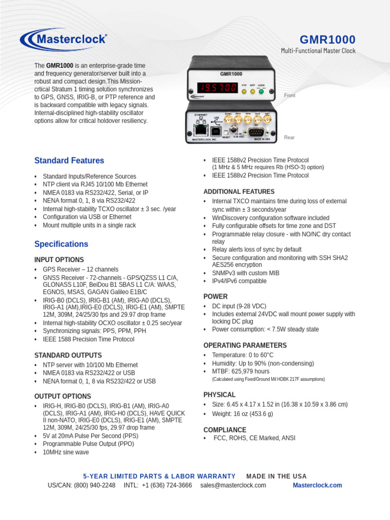Masterclock GMR1000 Data Sheet 2023 | PDF