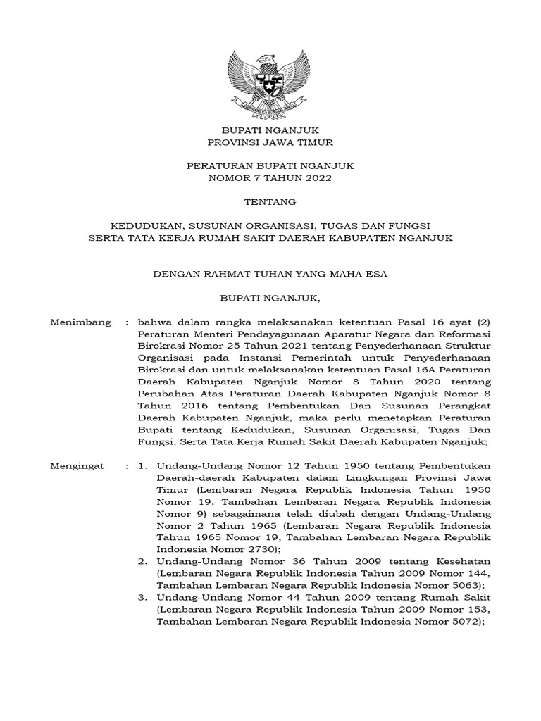 Perbup Nomor 7 Tahun 2022 TTG Sotk RSD | PDF