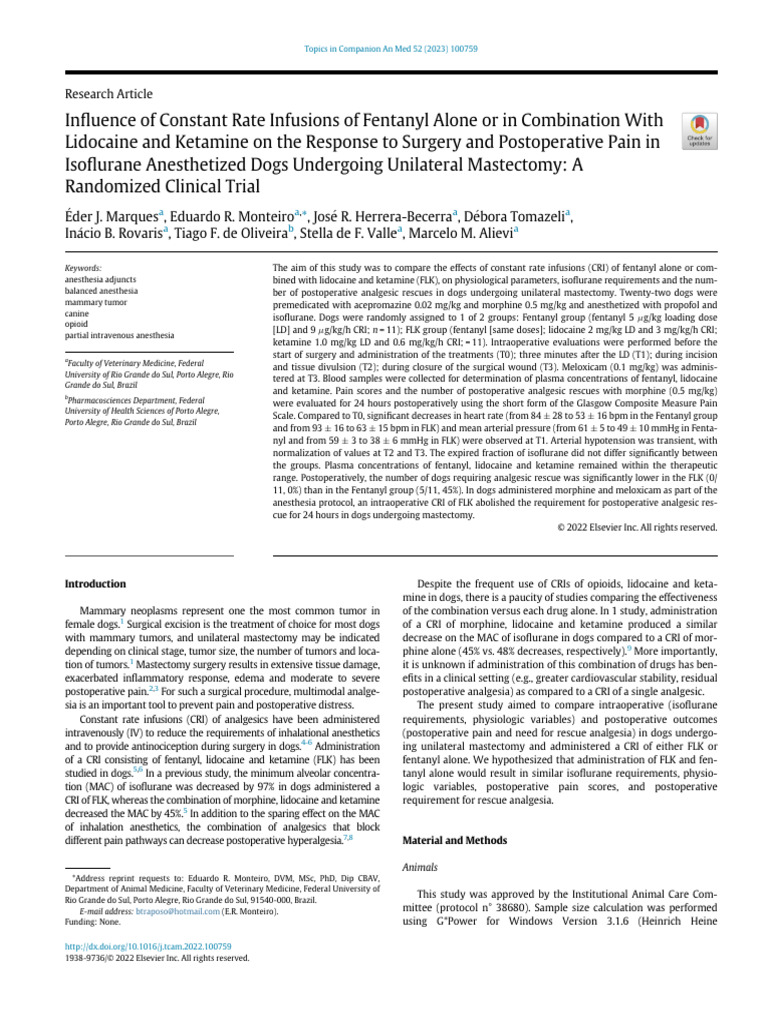 Influence of Constant Rate Infusion of Fentanyl | PDF