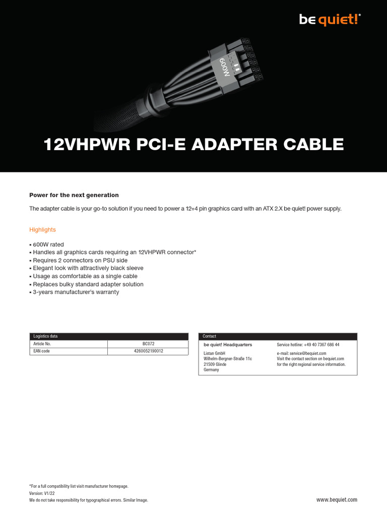 12VHPWR PCI-e Adapter Cable Datasheet en | PDF