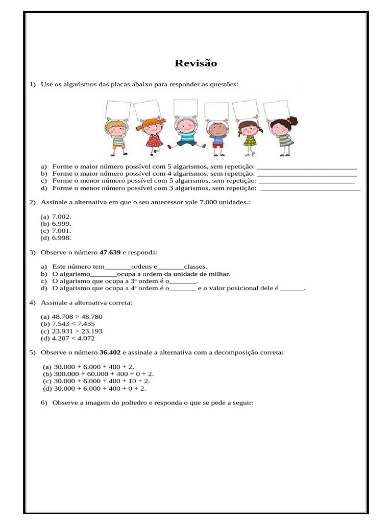 Revisão AV1 - 1° Semestre - Mat 4° Ano - 2024 | PDF