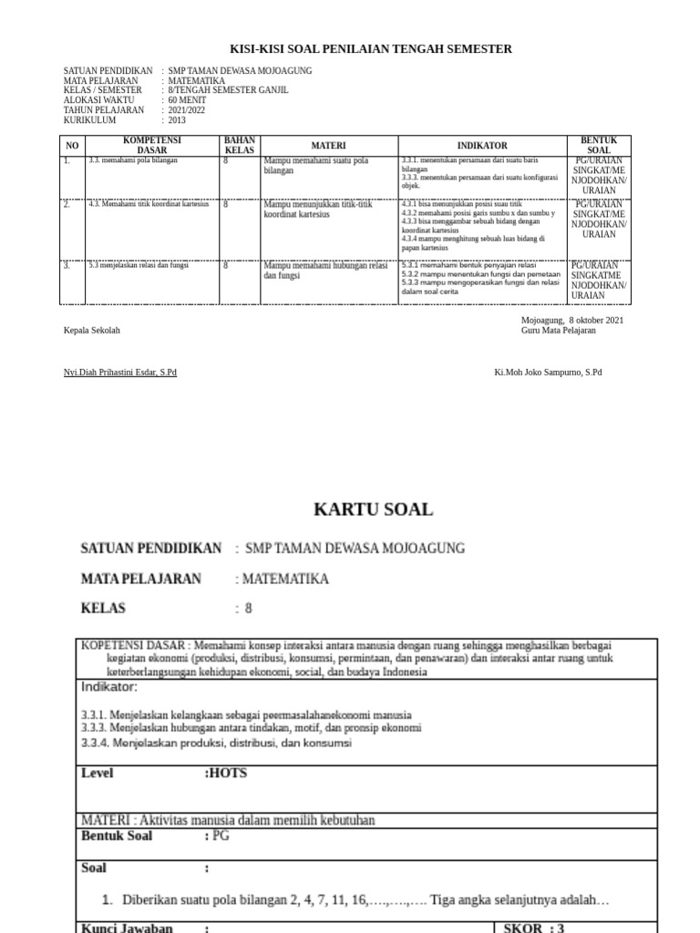KISI KISI Dan Kartu Soal MTK 8 PAS 2021 | PDF
