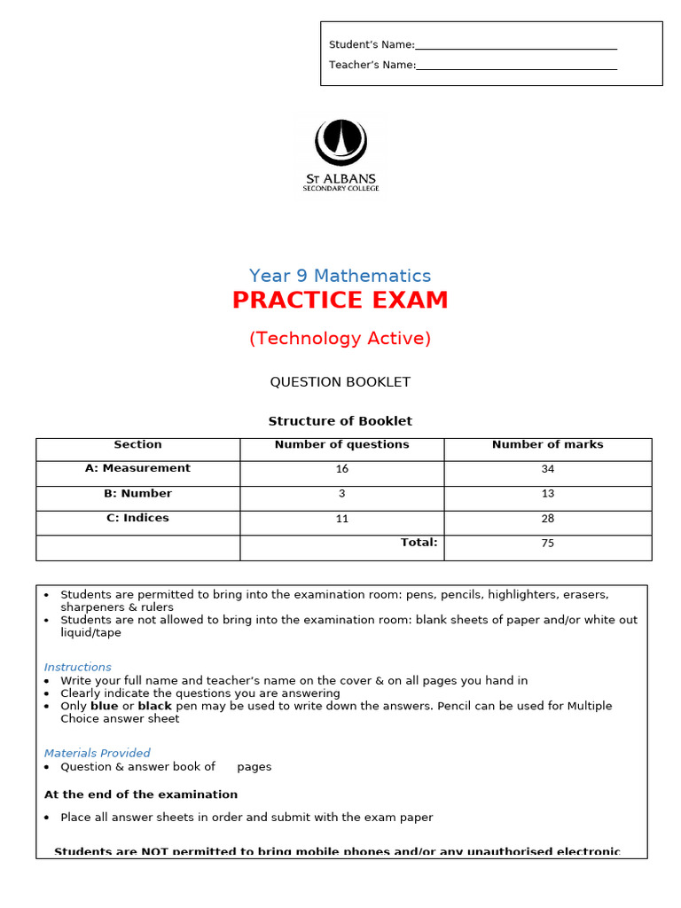 Year 9 Practice Exam 2021 | PDF
