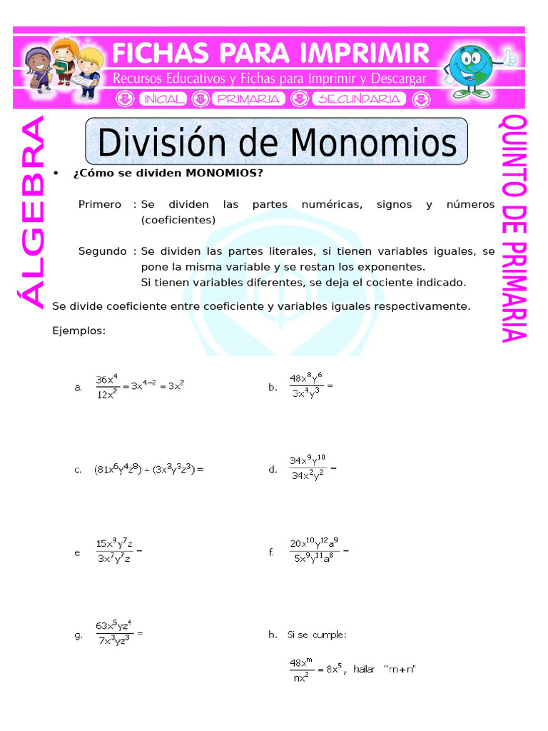 Division de Monomios para Quinto de Primaria | PDF