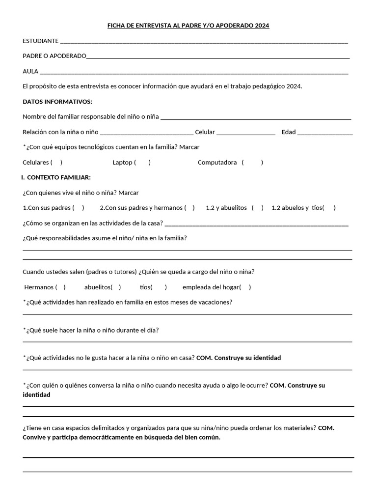 Ficha de Entrevista Al Padre Y-O Apoderado de La Ie - 2024.docx3-5 Años | PDF