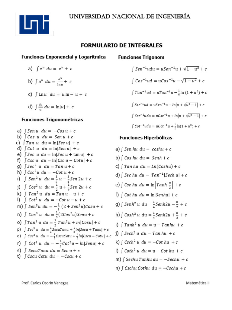 Formulario de Integrales | PDF