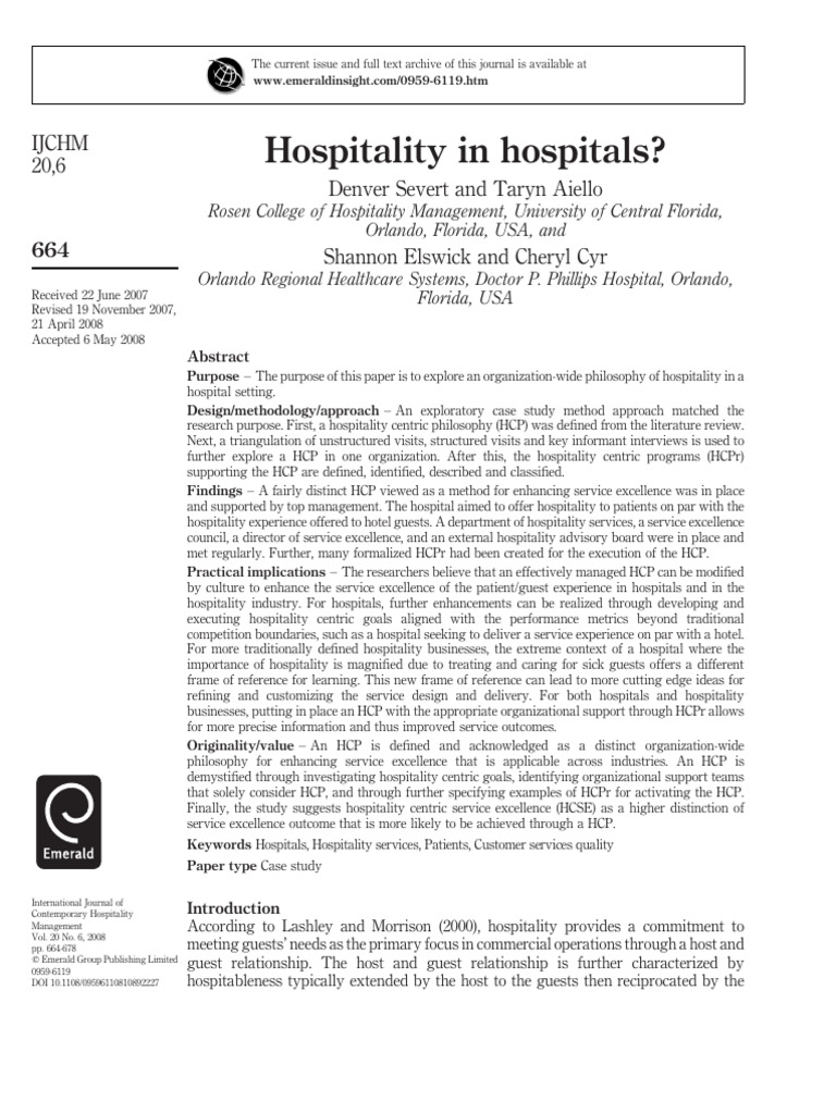 Hospitality in Hospitals | PDF