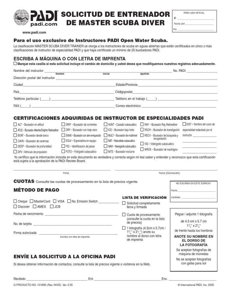 Solicitud PADI Master Scuba Diver | PDF | Buceo bajo el agua | Tecnología bancaria