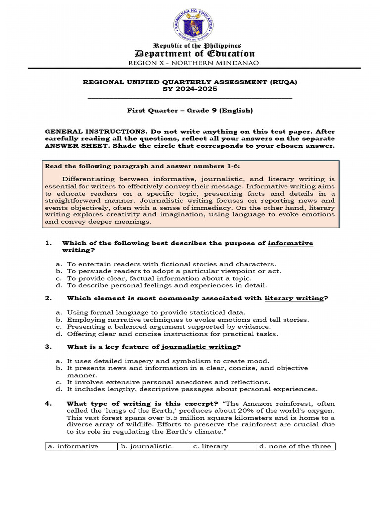 Grade 9 English Q1 Assessment - Test Paper | PDF